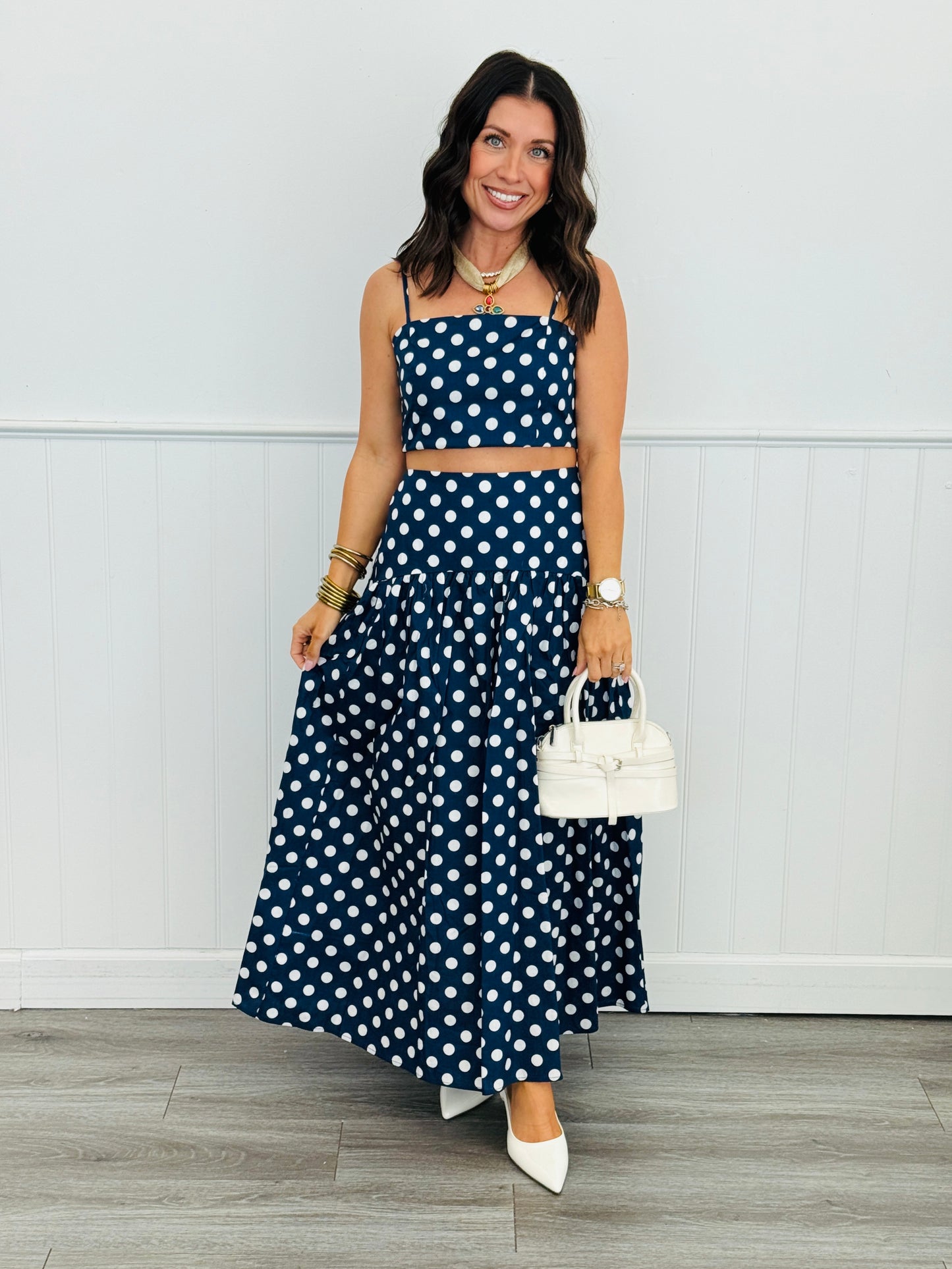 Navy/Ivory Polka Dot Drop Waist Maxi Skirt (Reg.) – Walker Rose Boutique