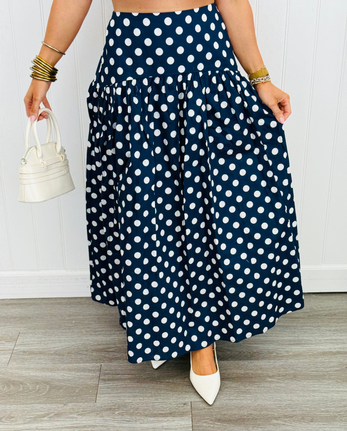 Navy/Ivory Polka Dot Drop Waist Maxi Skirt (Reg.) – Walker Rose Boutique