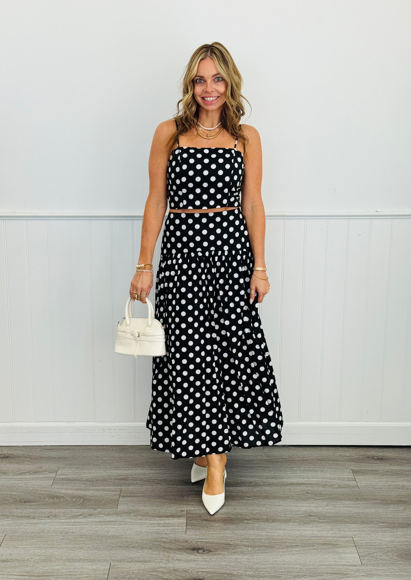 Black/Ivory Polka Dot Drop Waist Maxi Skirt (Reg.) – Walker Rose Boutique
